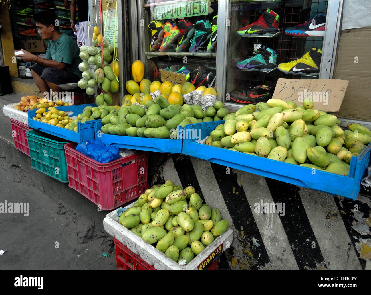A Filipino man eats an afternoon snack beside a ripe and unripe mangoes ...