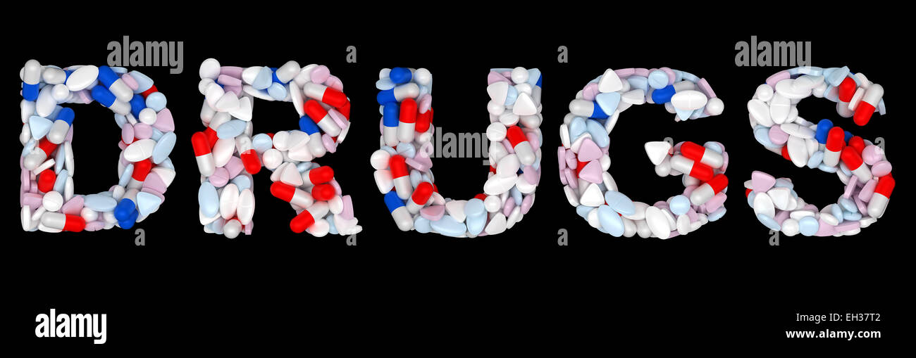 Drugs word: pills and tablets shape isolated over black background ...