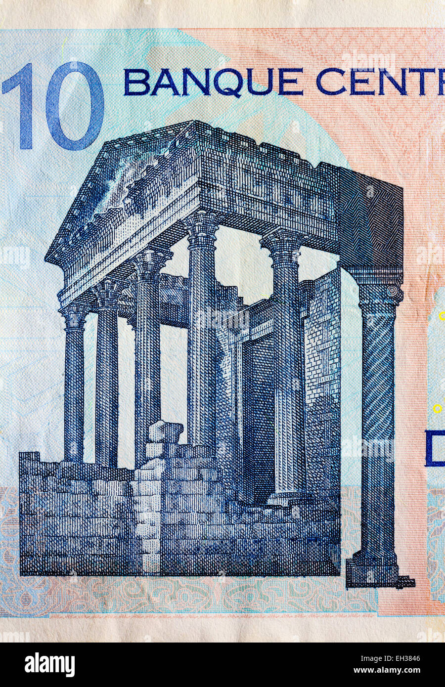 Roman ruins of Dougga from 10 dinars banknote, Tunisia, 2005 Stock ...