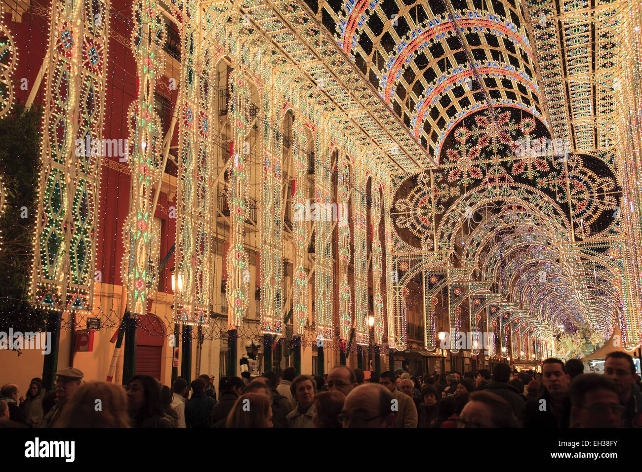 Traditional street lights decoration during Valencia Fallas festival ...