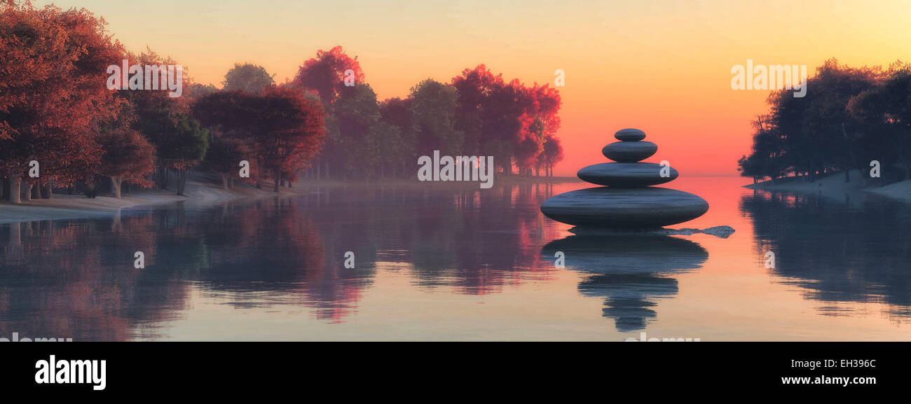 sunset and zen stones concept in 3d Stock Photo - Alamy