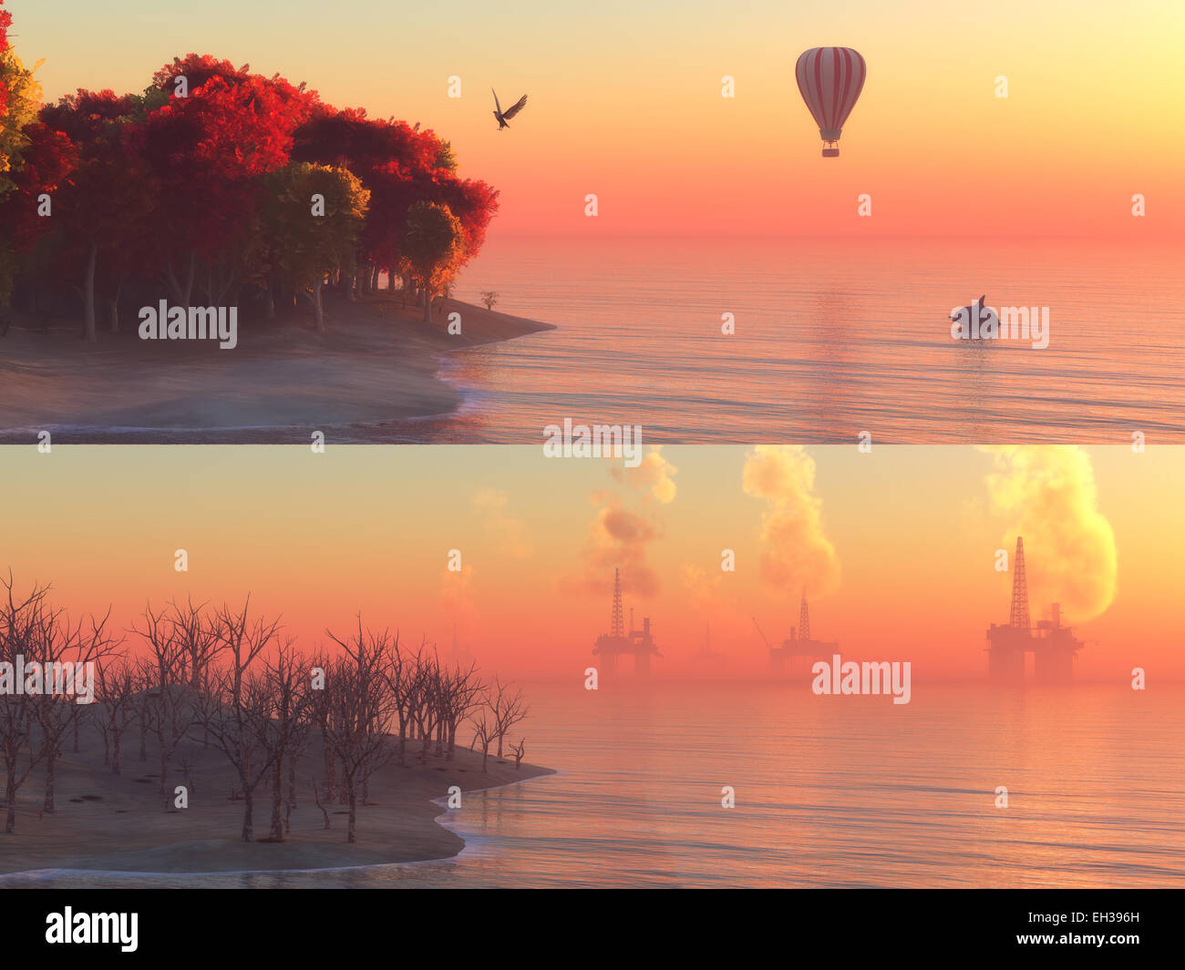 concept illustration pollution on the coast before and after Stock ...