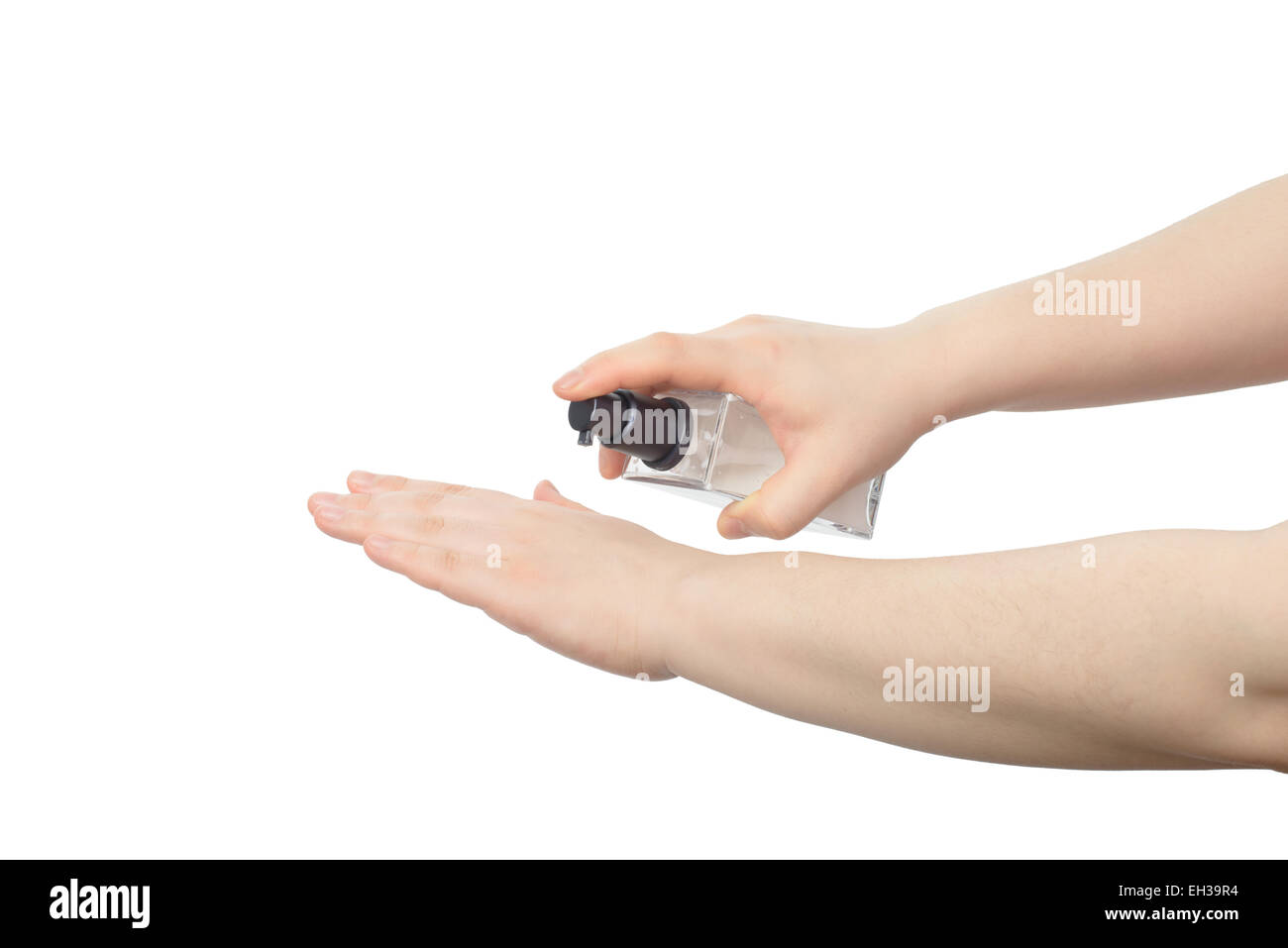 Hands hold bottle,white background Cut Out Stock Images & Pictures - Alamy