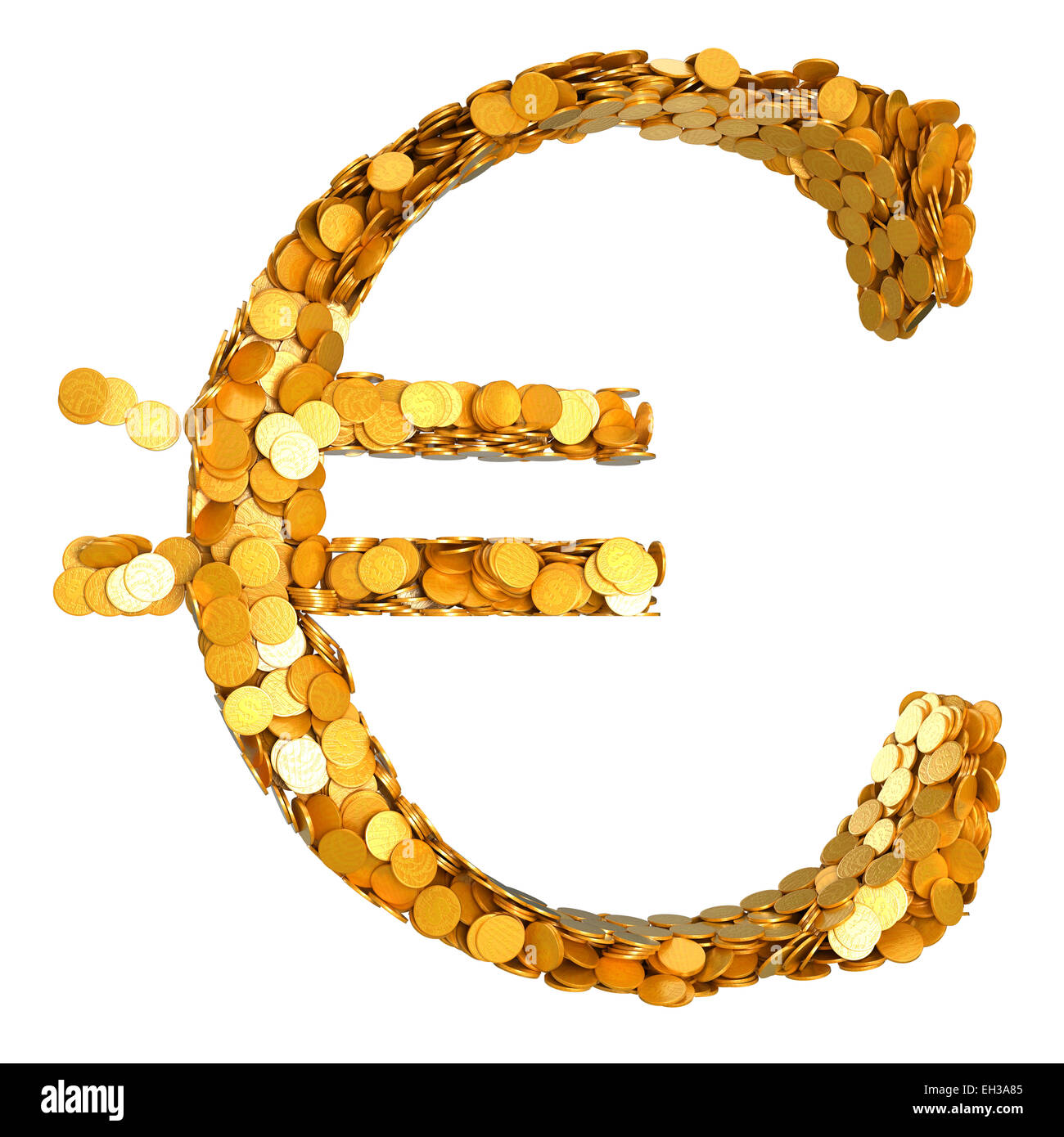 Golden Euro currency and cash. Symbol assembled with coins. Isolated on ...