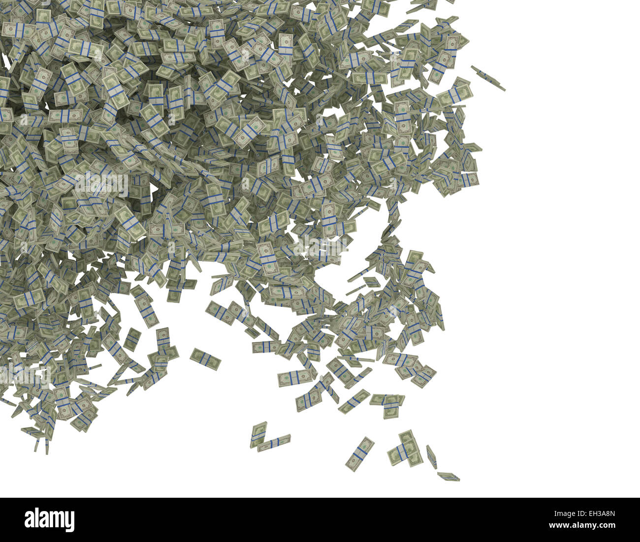 Money scattering. US dollar bundles falling down. Isolated over white ...