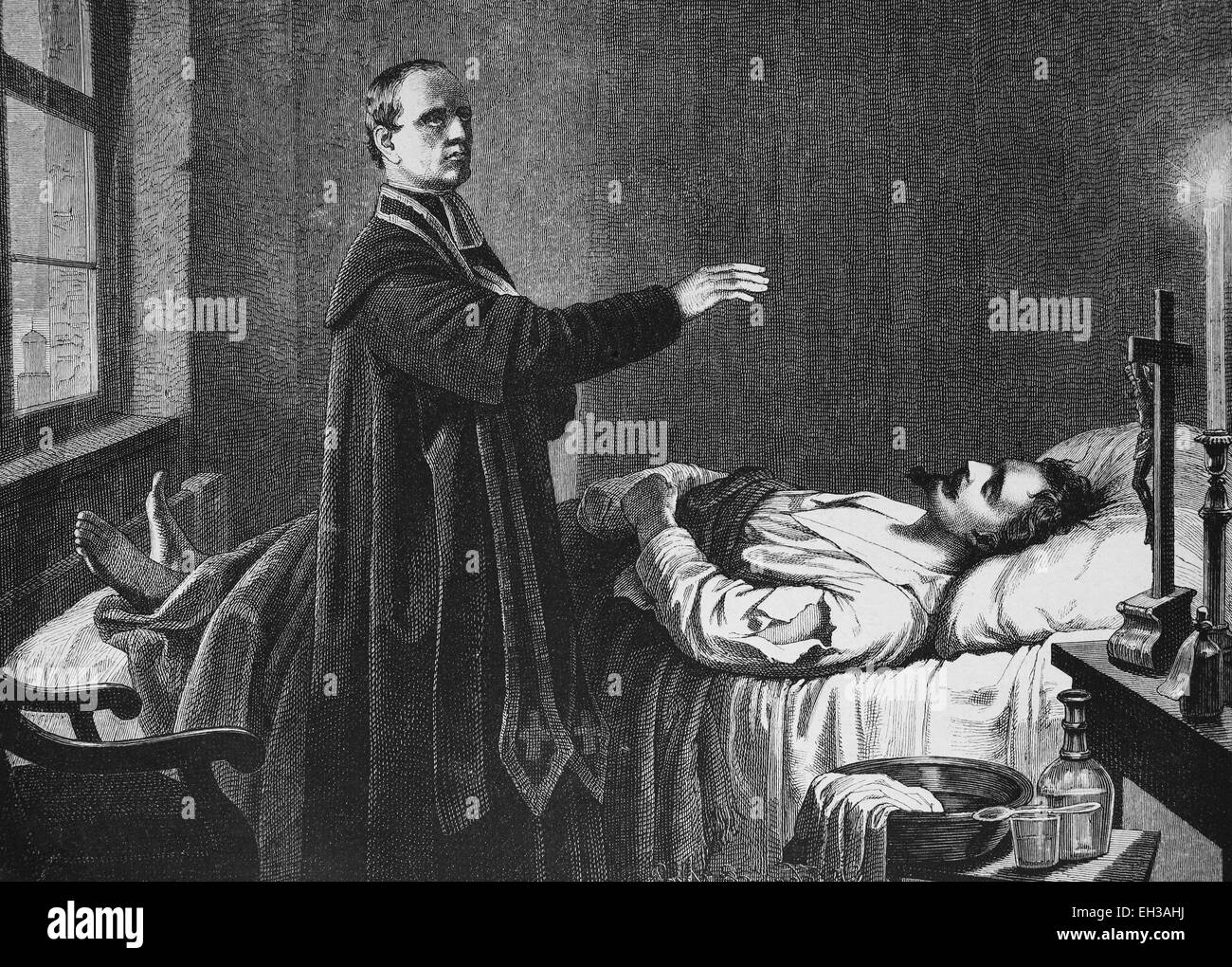 Bishop Ketteler blessing the body of Prince Lichnowsky, wood engraving ...