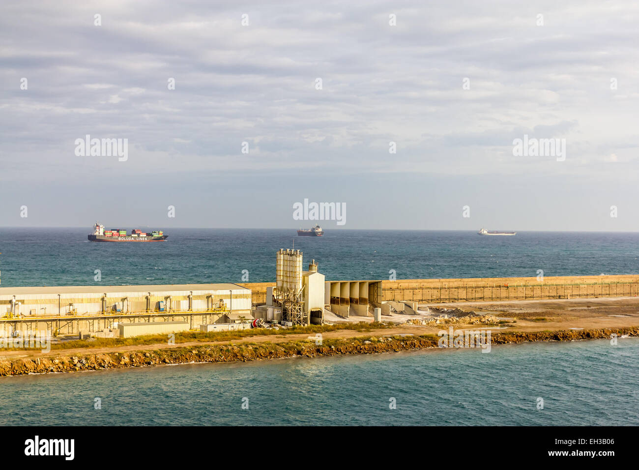 Container ships passing breakwater at Port of Barcelona, Spain Stock ...