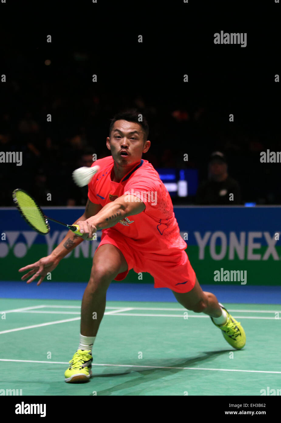 Birmingham, Britain. 5th Mar, 2015. Lin Dan of China returns the ball ...