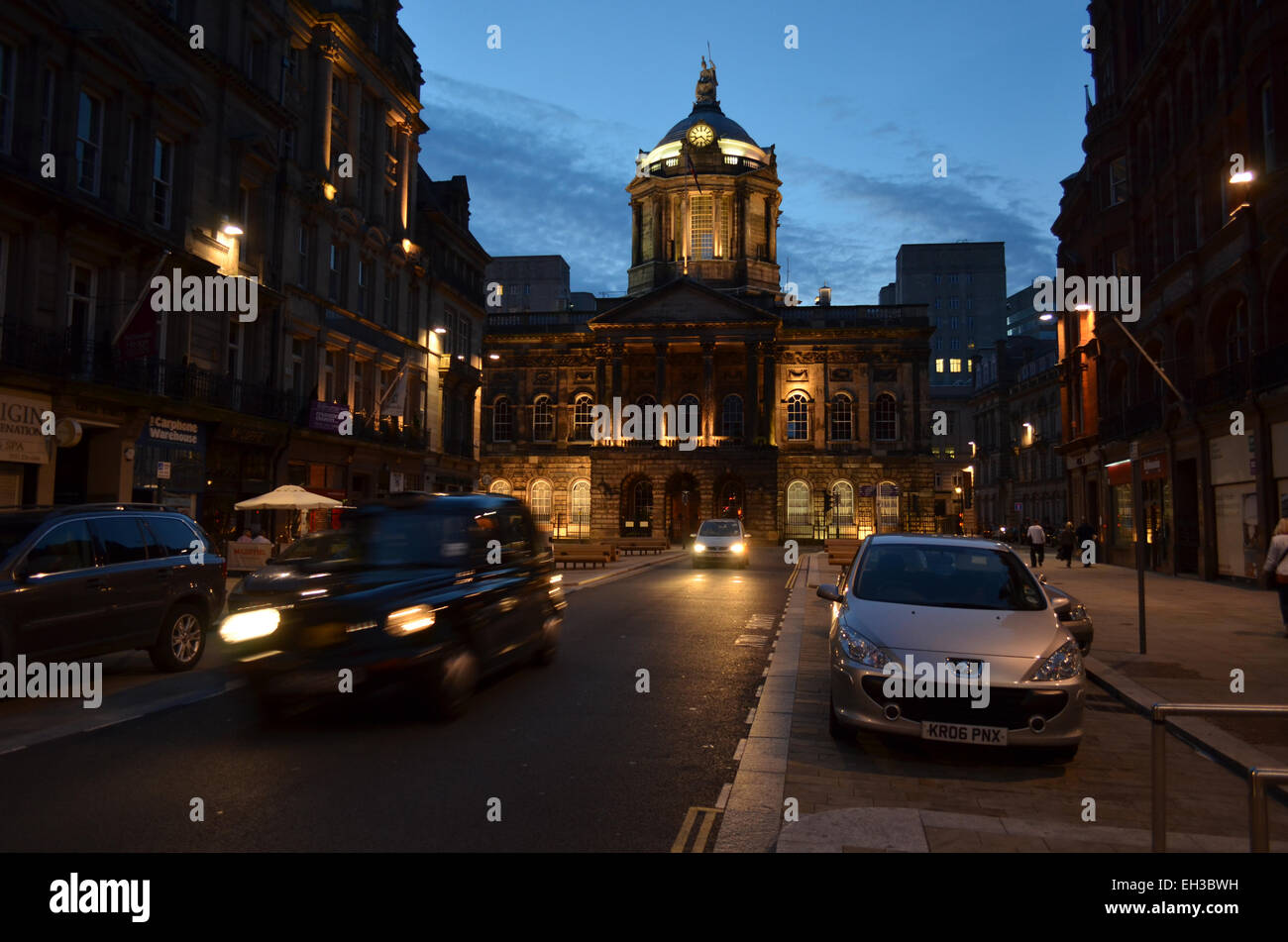Liverpool town hall at dusk. Also showing Castle Street in the ...