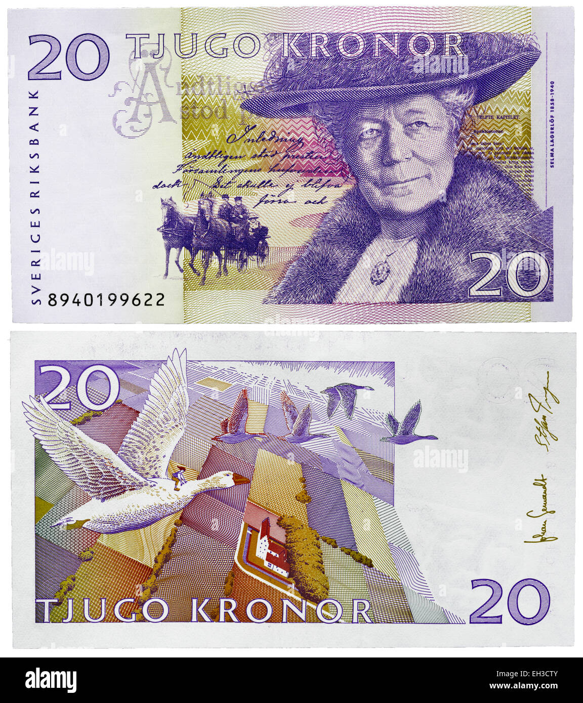 20 kronor banknote, Selma Lagerlof, Nils Holgersson flying over Scania ...