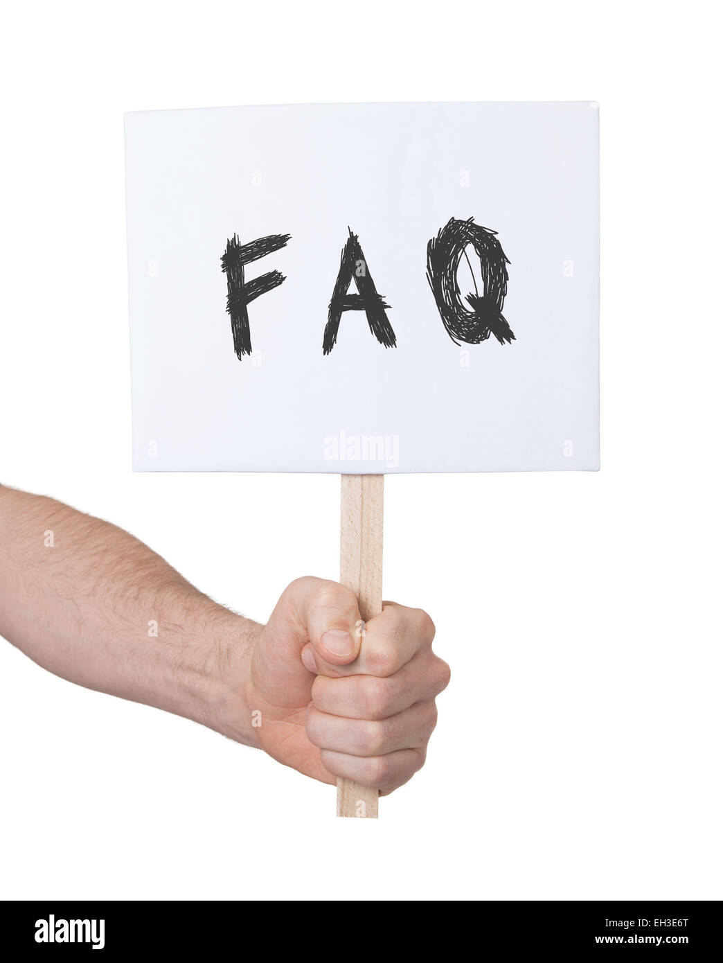Hand holding sign, isolated on white - FAQ Stock Photo - Alamy