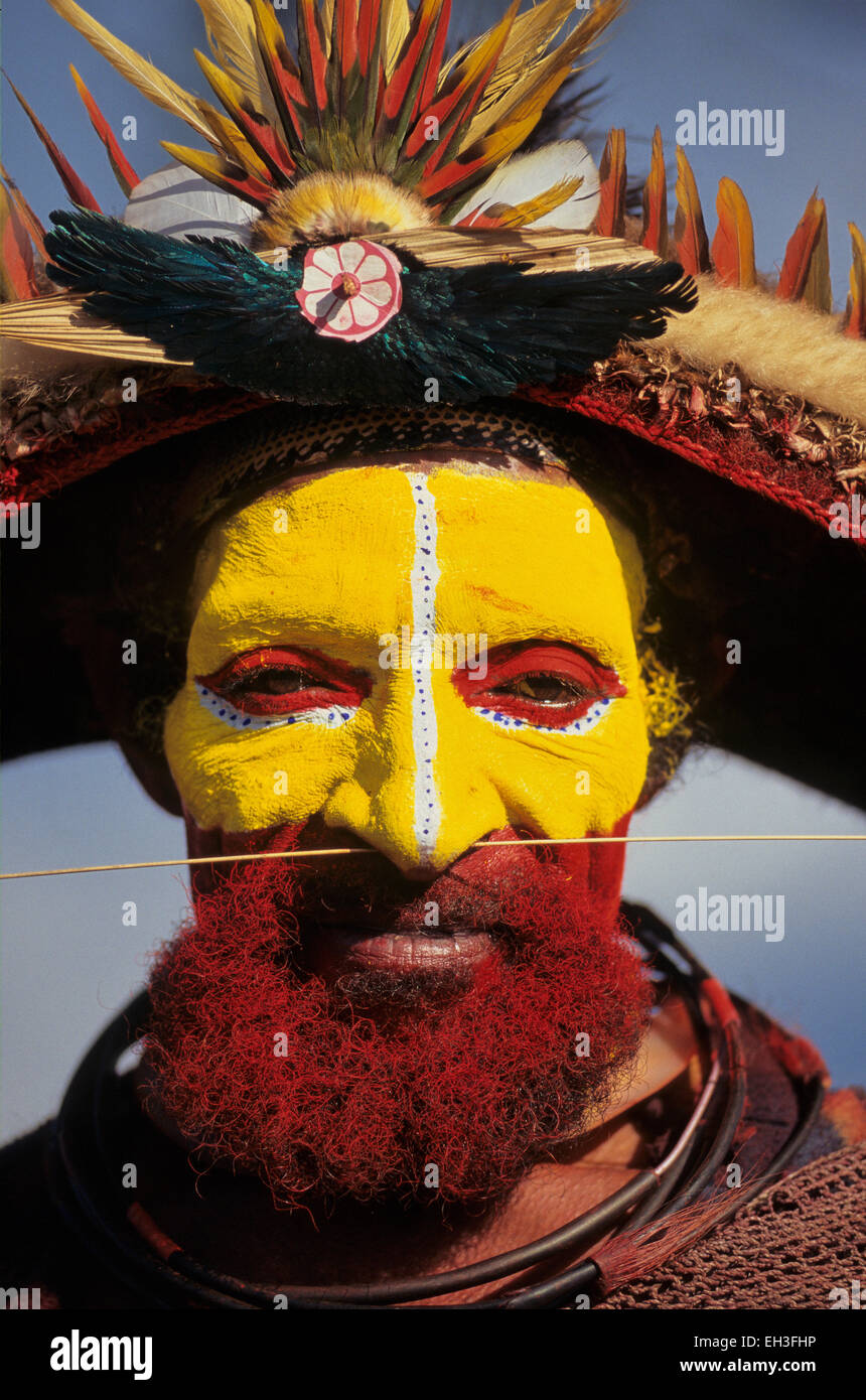 Tribal man, Huli wigman during sing-sing festival, Mt. Hagen, Western ...