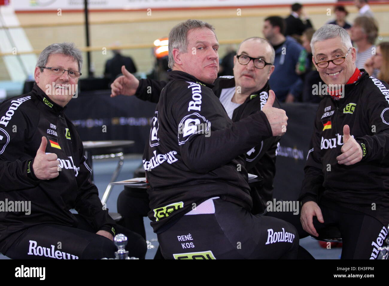 Lee Valley VeloPark, London, UK. 28th February 2015. Group of Derny ...