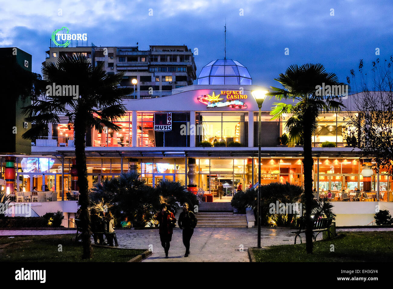 Albania, Tirana, Parku Rinia, the mall at night (casino, bar and ...