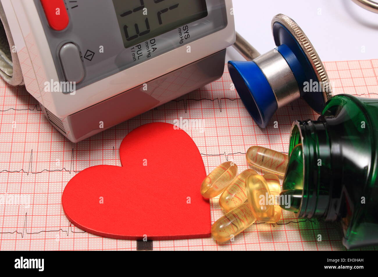 Medical stethoscope, instrument for measuring blood pressure, red heart ...