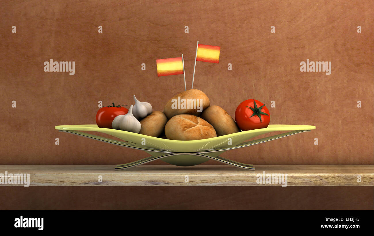 illustration of a trayl with bread, tomato and garlic Stock Photo - Alamy