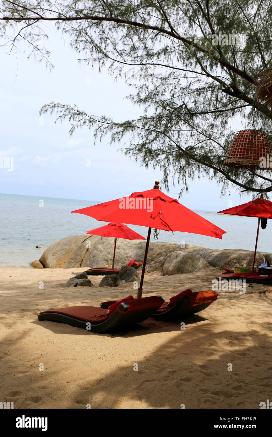 bright red umbrellas on an exotic beach sunny day Stock Photo - Alamy