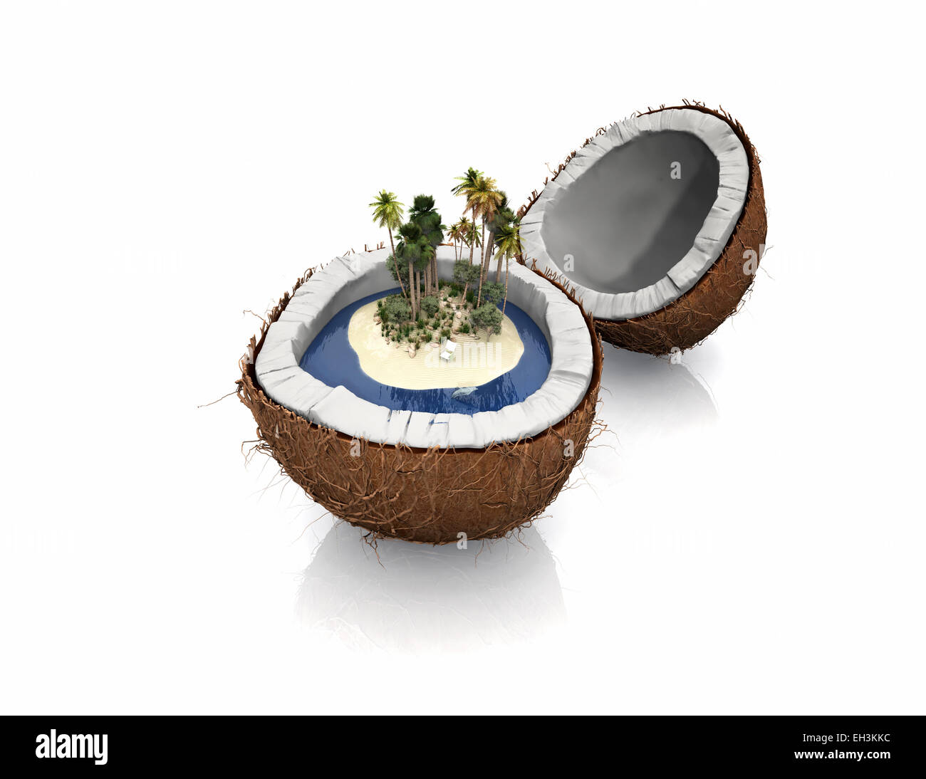 Coconut cut in half with a tropical island within Stock Photo - Alamy