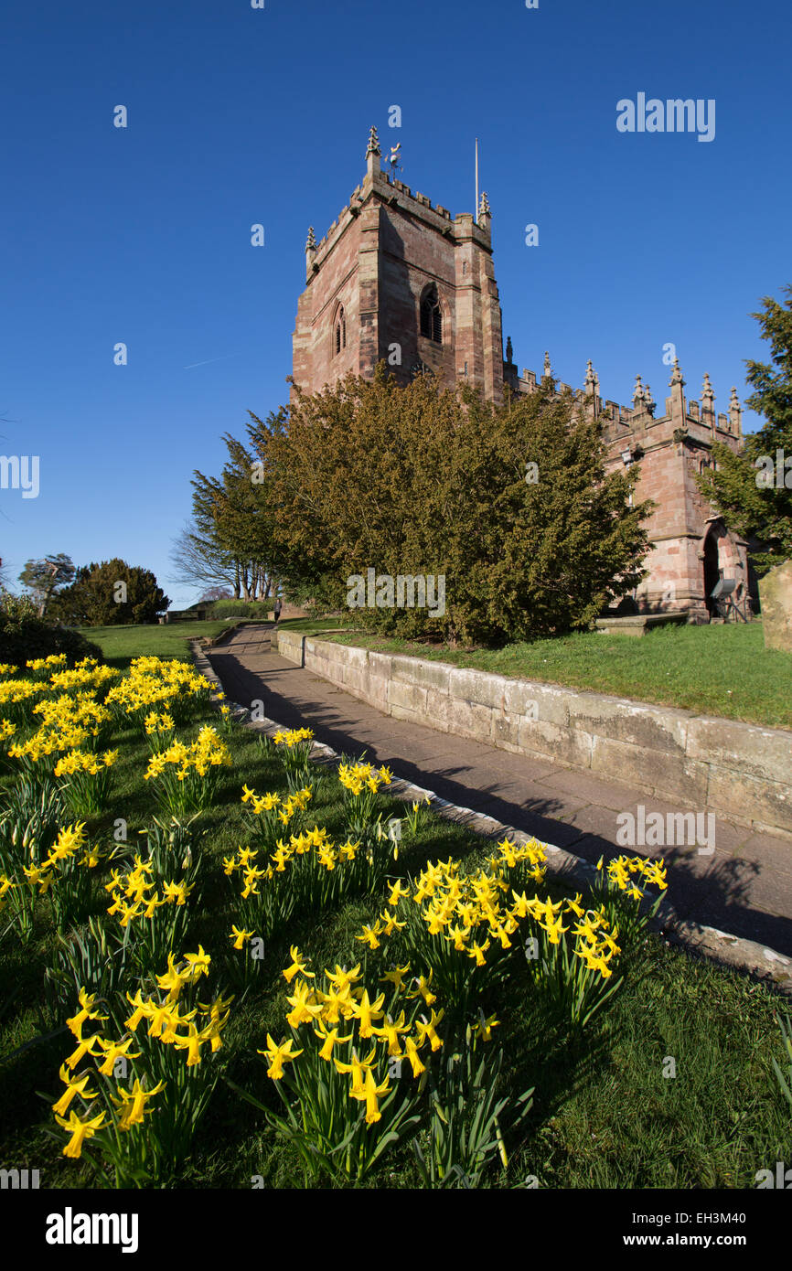 Village of Malpas, England. Picturesque spring view of St Oswald’s ...