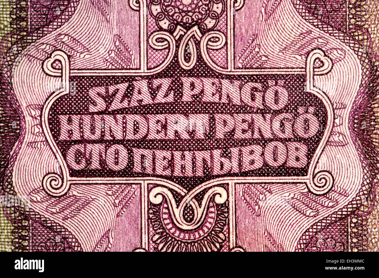 Detail from a 1930 Hungarian 100 Pengo banknote showing text for "100 ...