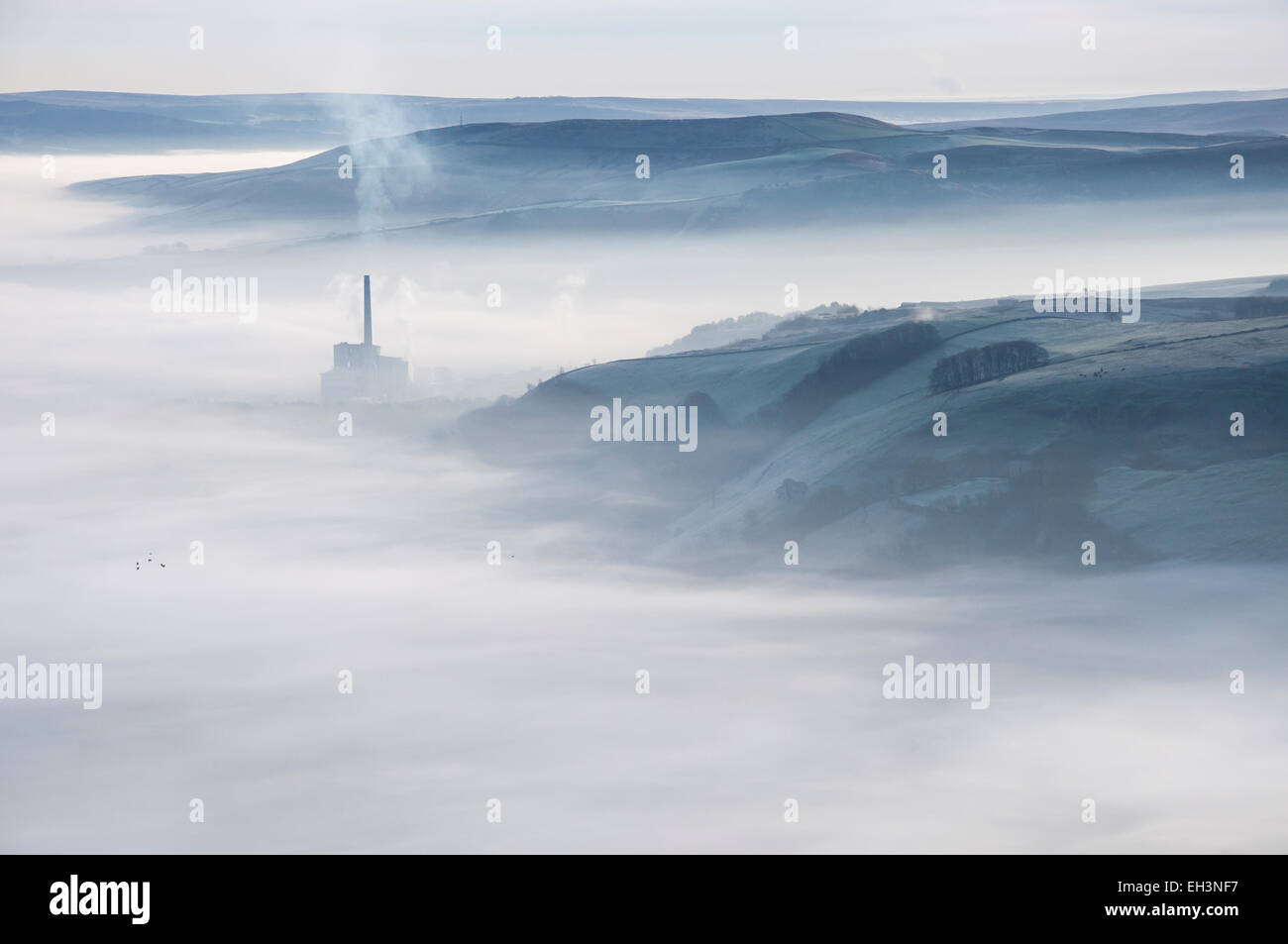 A veil of mist over the village of Castleton in the Peak District. The ...