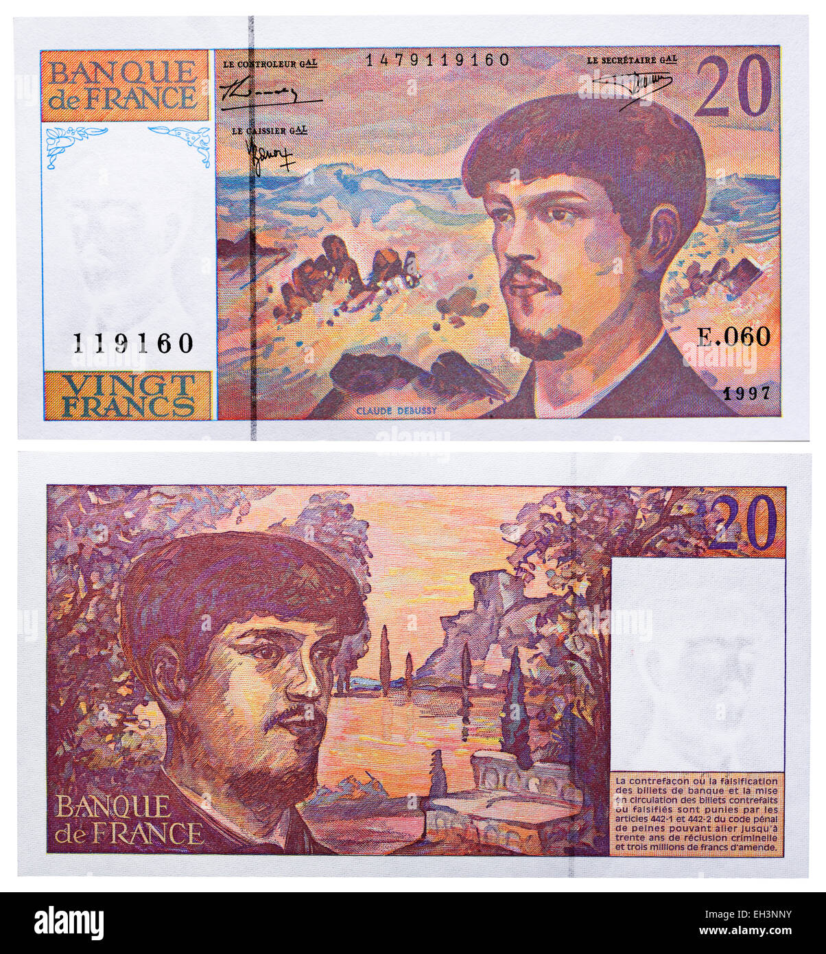 20 francs banknote, composer Claude Debussy, France, 1997 Stock Photo ...