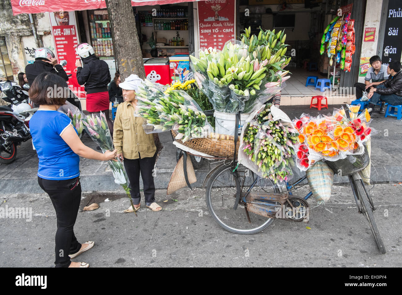 Flower vendor selling flowers from a loaded bicycle in centre of Ha Noi ...