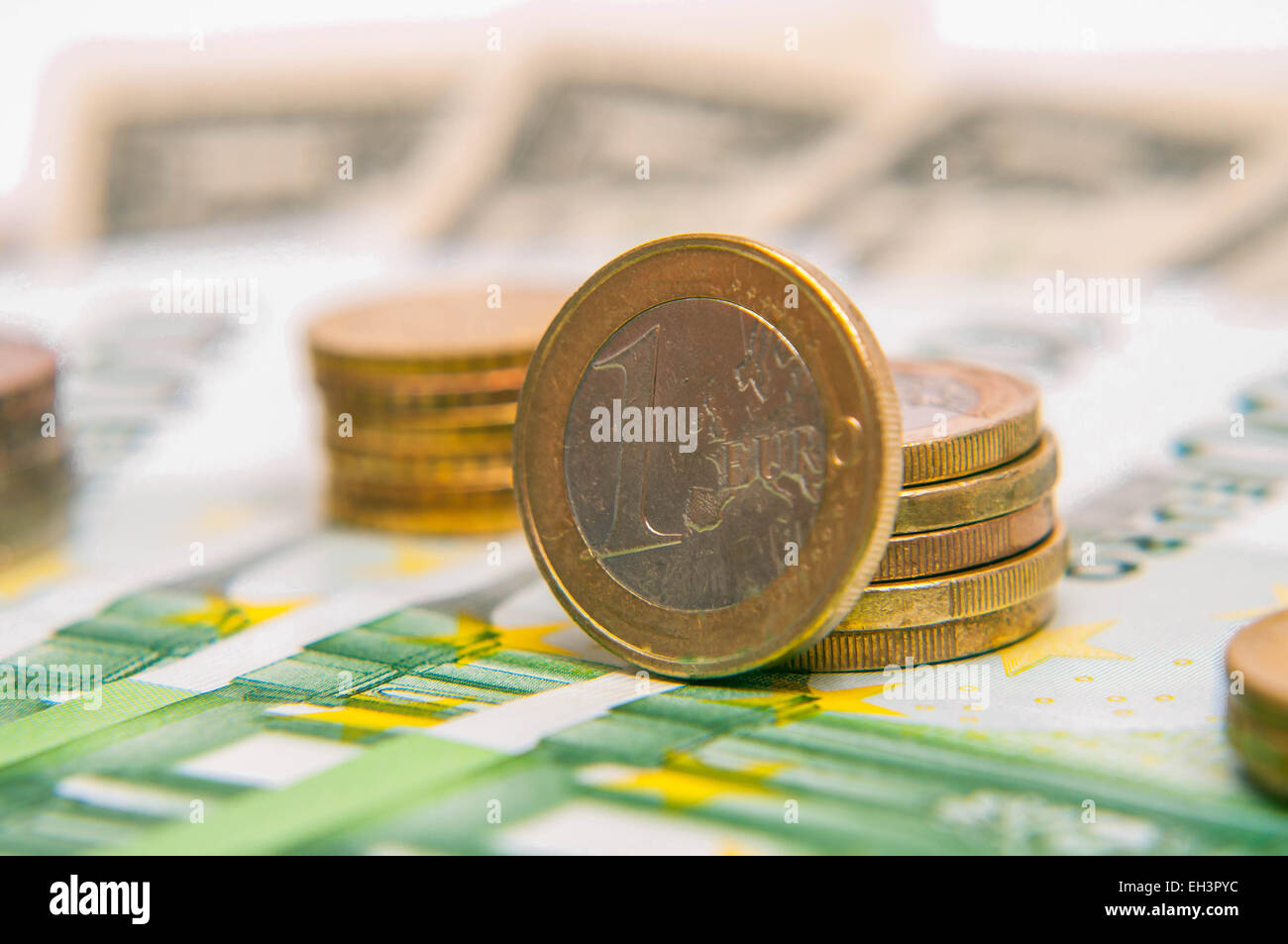 a tower of Euro coins, banknote, European currency Stock Photo - Alamy