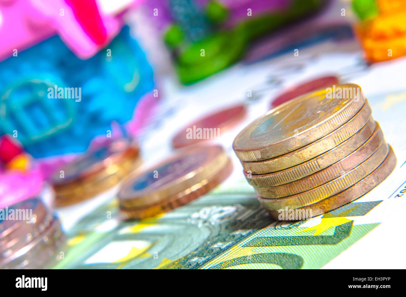 a tower of Euro coins, banknote, European currency Stock Photo - Alamy