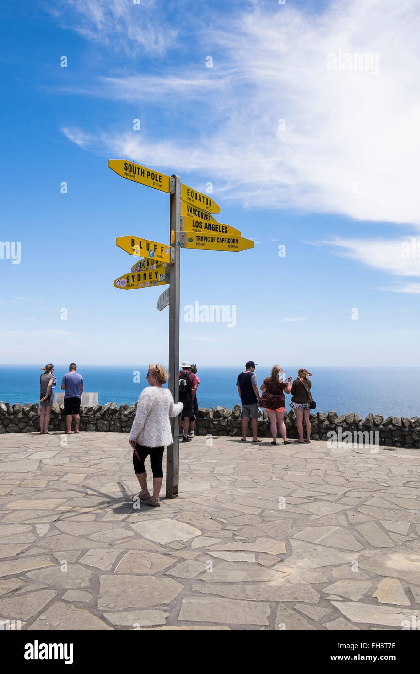 Signpost with distances to far away places at Cape Reinga at the north ...
