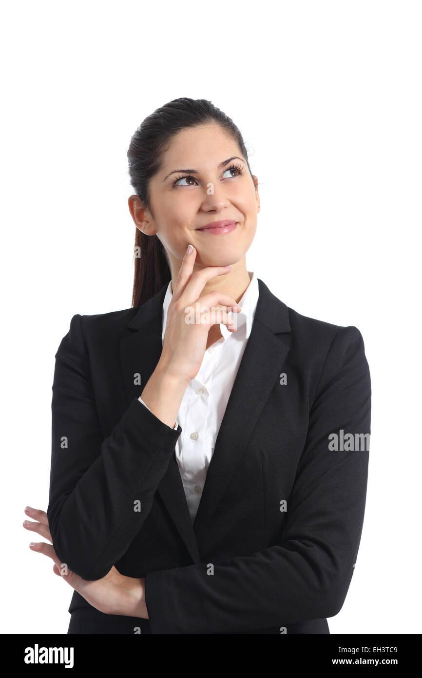 Happy businesswoman thinking and looking sideways isolated on a white ...