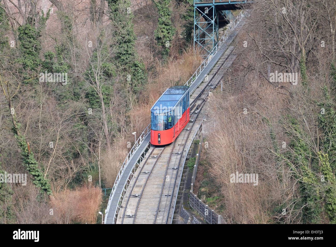 Modern funicular climbing to Schlossberg and Graz city panoramic view ...
