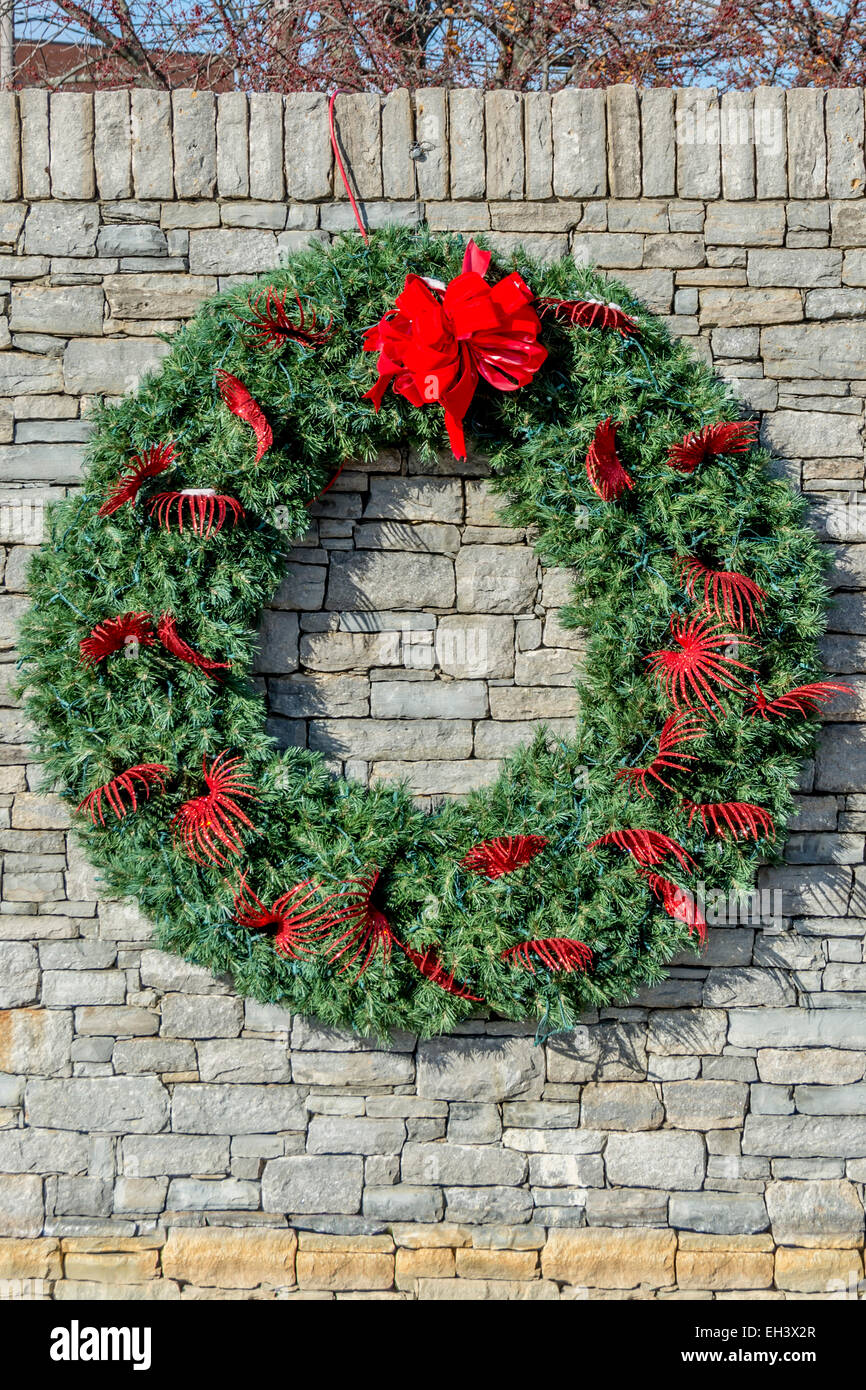 Christmas wreath on a stone wall at Thoroughbred Park in Lexington ...