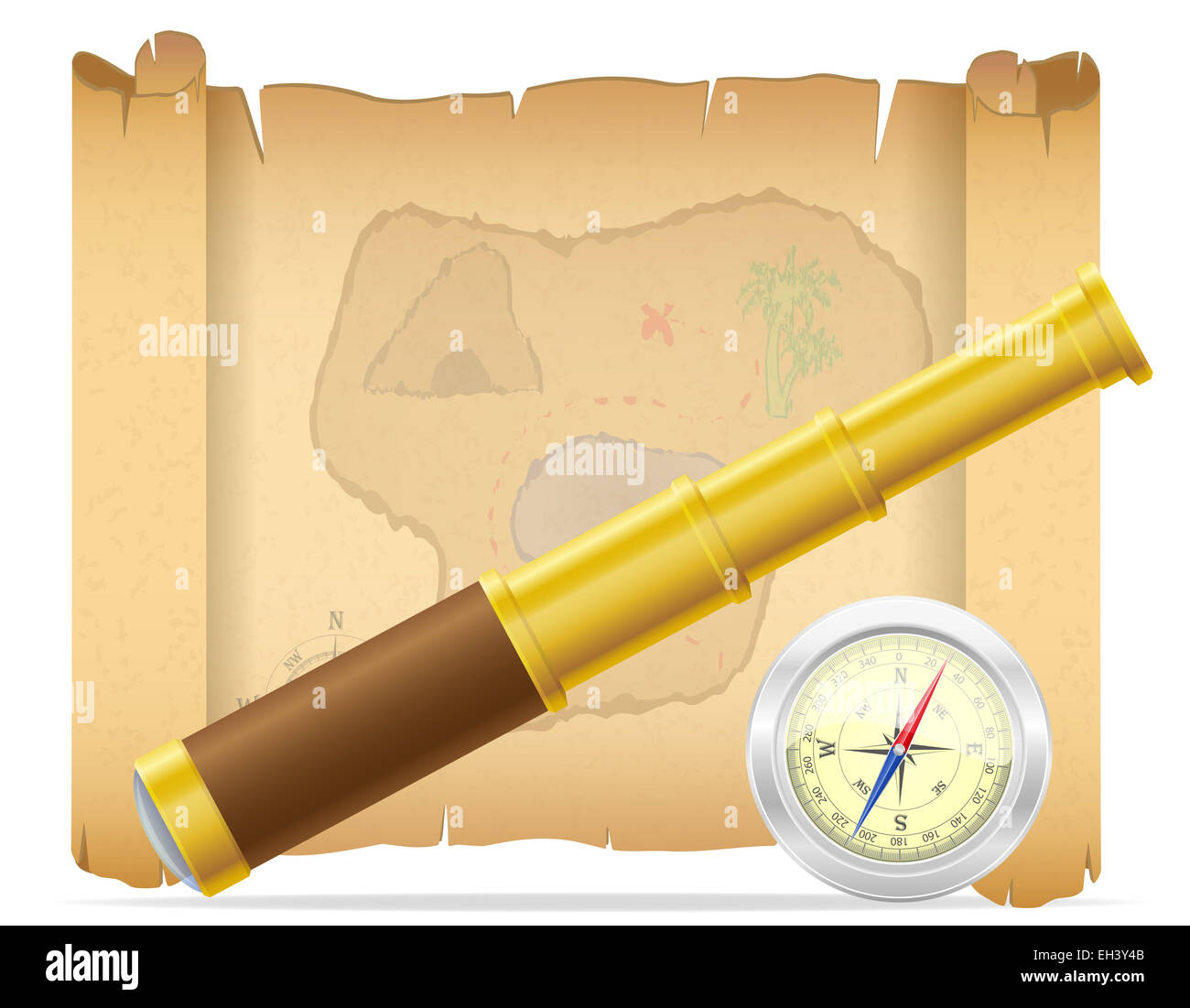 pirate treasure map telescope with compass illustration isolated on ...