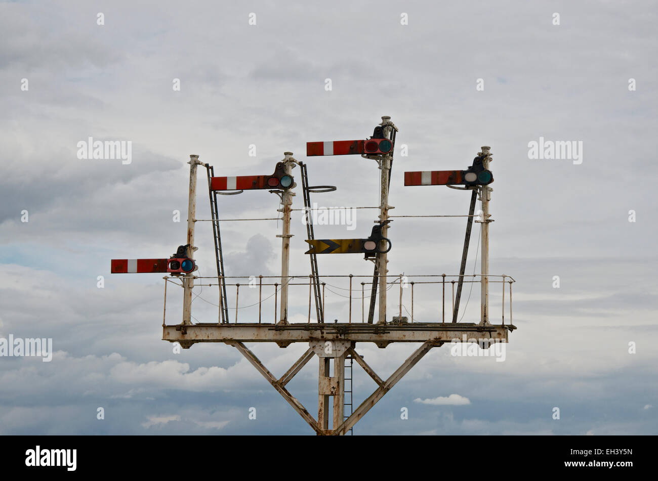 Railway gantry with signals Stock Photo - Alamy