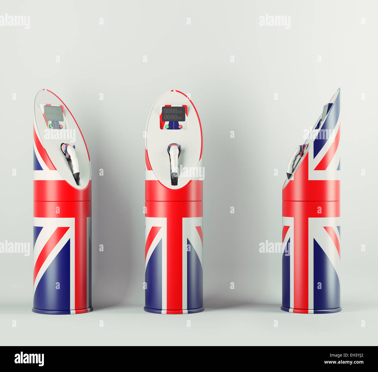 Eco fuel: three charging stations with Union Jack flag pattern for ...