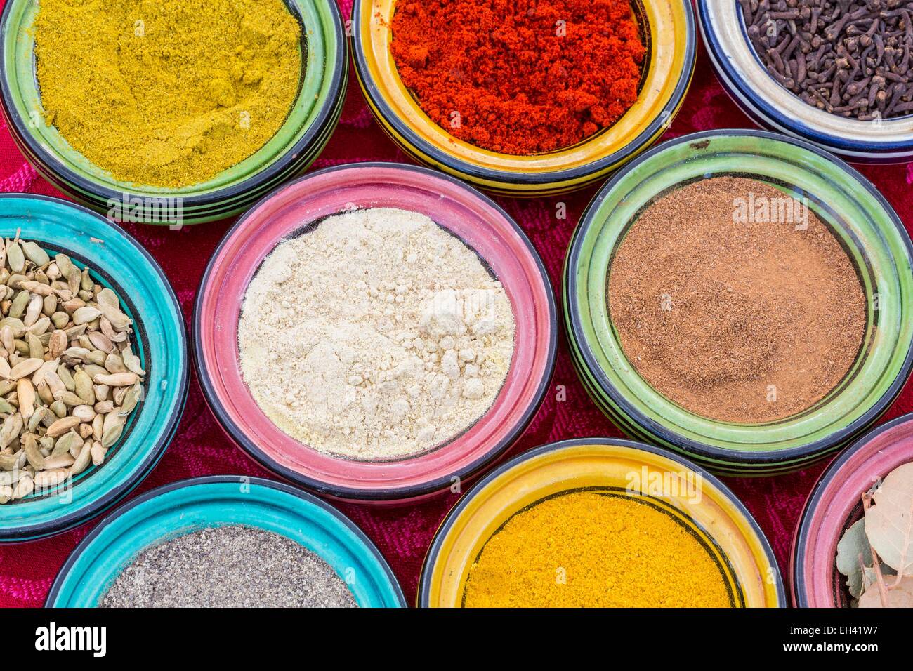 Morocco, High Atlas, Marrakech, various spices used in Moroccan cuisine ...