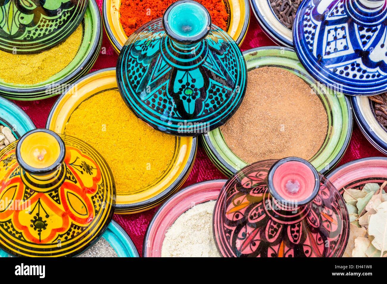 Morocco, High Atlas, Marrakech, various spices used in Moroccan cuisine ...