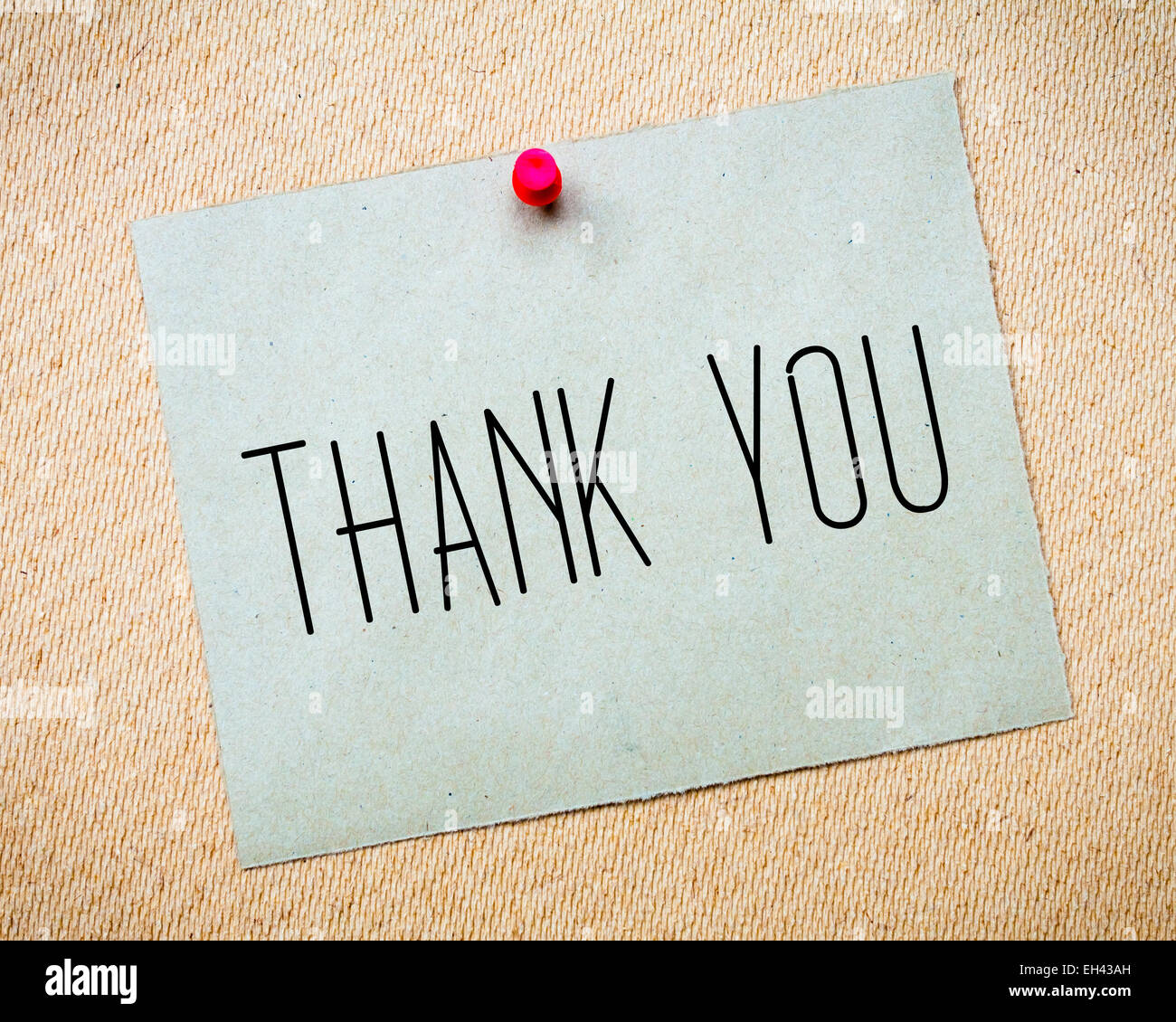 Recycled paper note pinned on cork board.Thank you Message. Concept ...