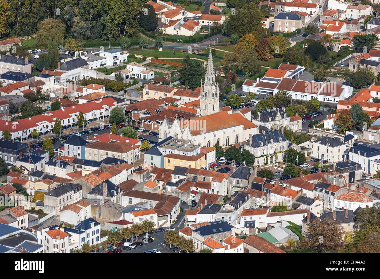 France, Vendee, Chantonnay, the church, the city hall and the town ...