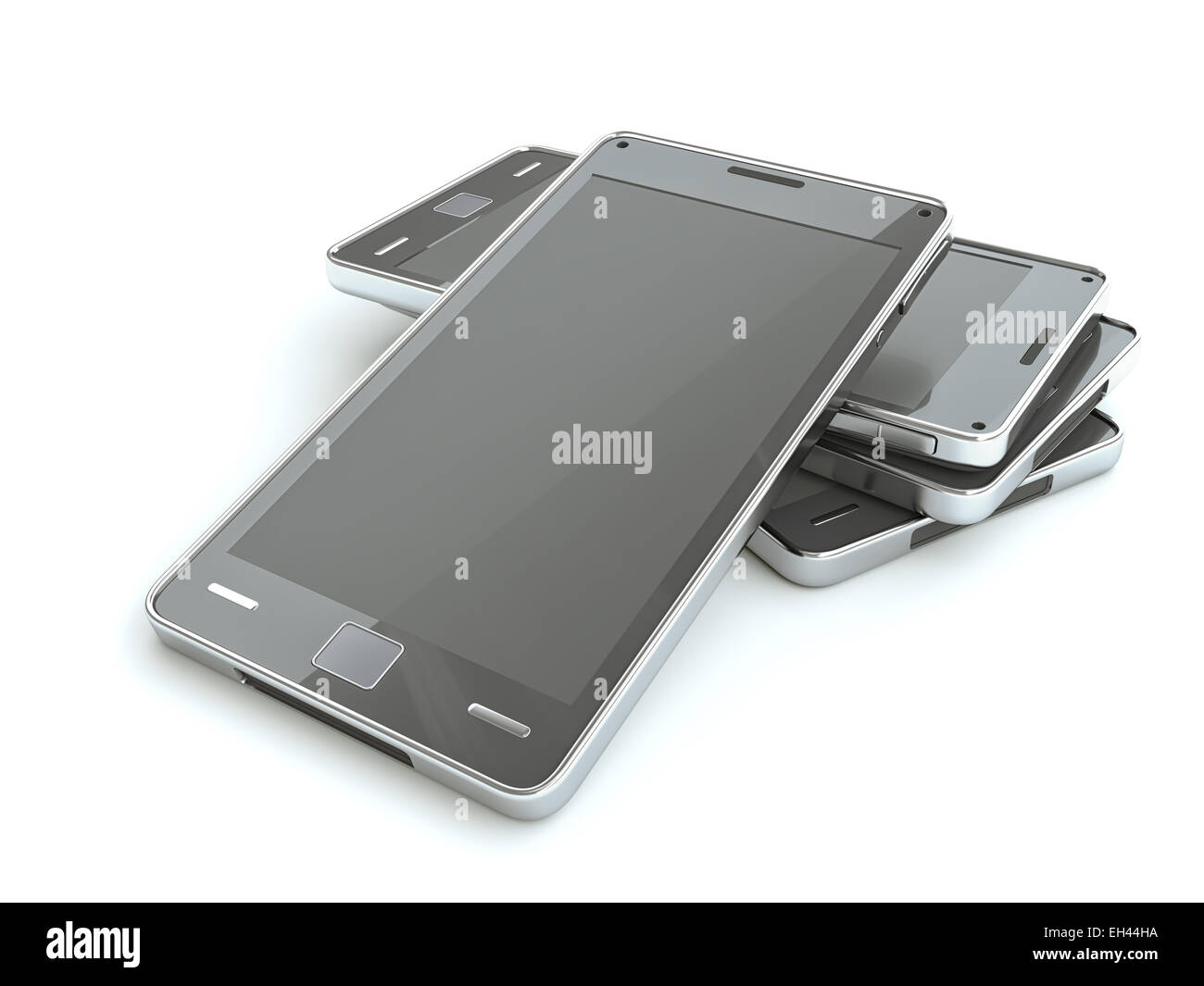 Stack of smart phones with touch screen over white. Custom rendered ...