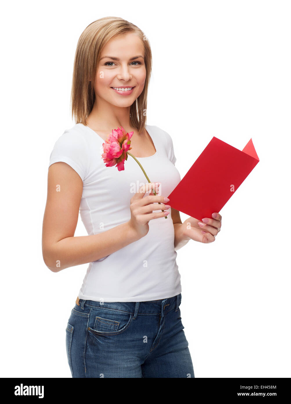 smiling girl with postcard and flower Stock Photo - Alamy