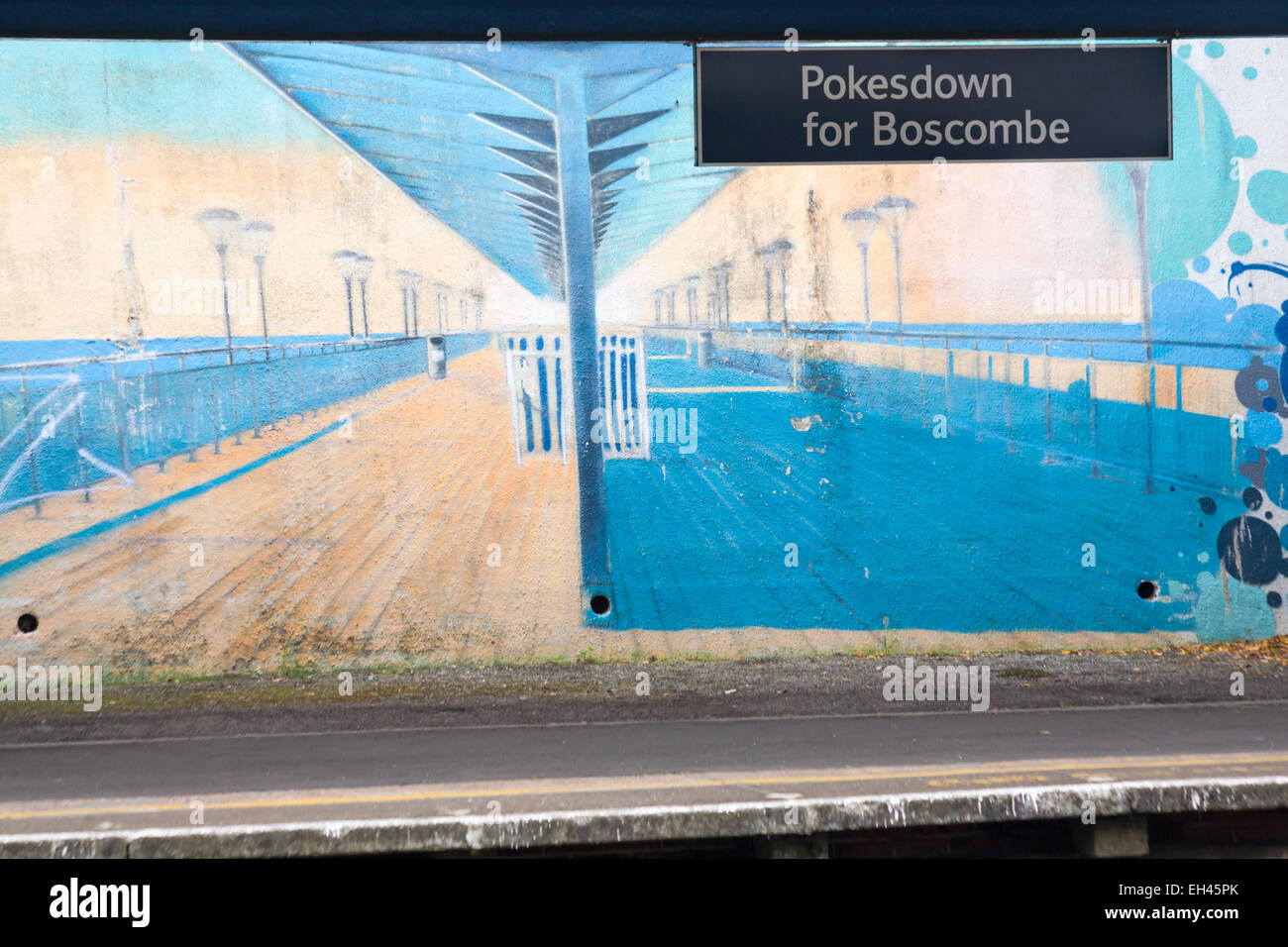 Artwork of mural of Boscombe Pier and seaside on walls of train station ...