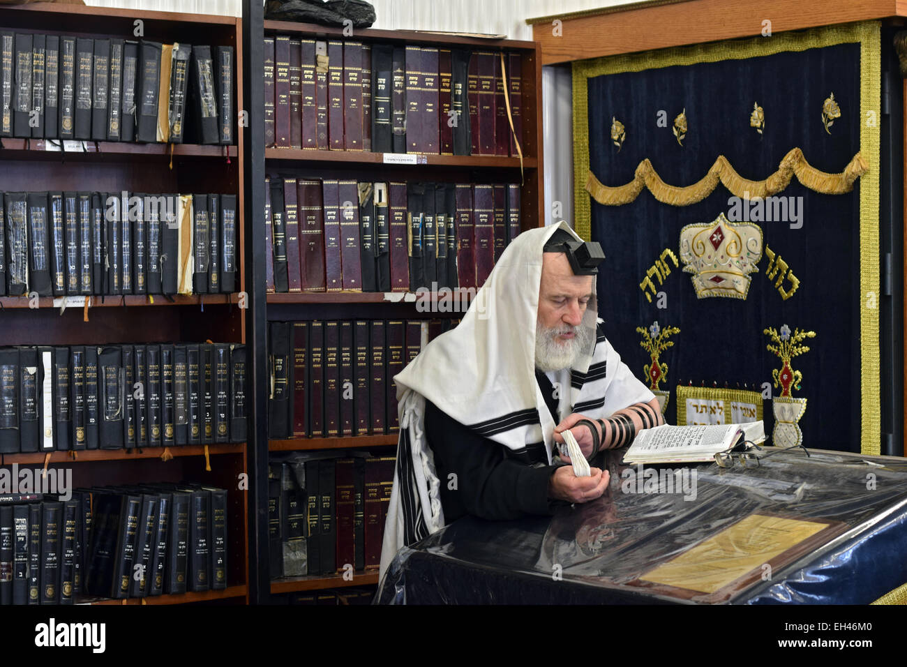 A religious Jewish man in prayer holding his tzitzit at the Ohel in ...