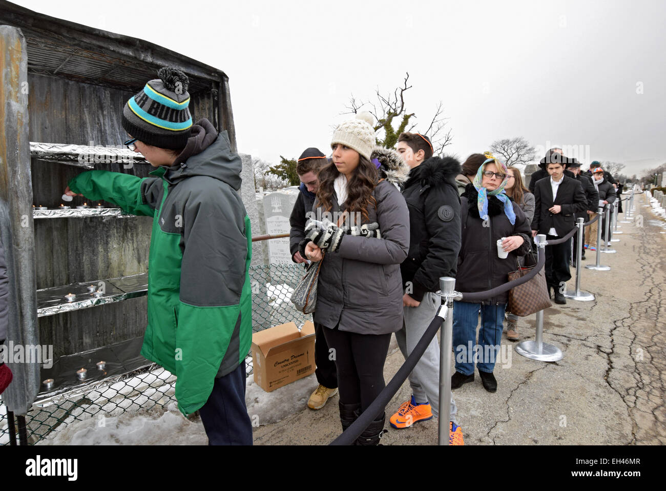 Visitors at a Shabbaton at the Ohel in Cambria Heights, Queens, light ...