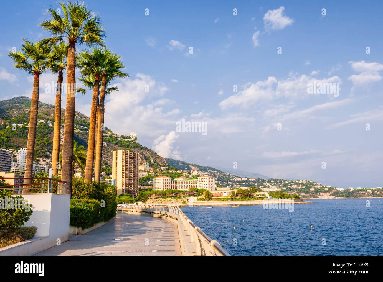 View of seaside Champions Promenade and Mediterranean coast in Monaco ...