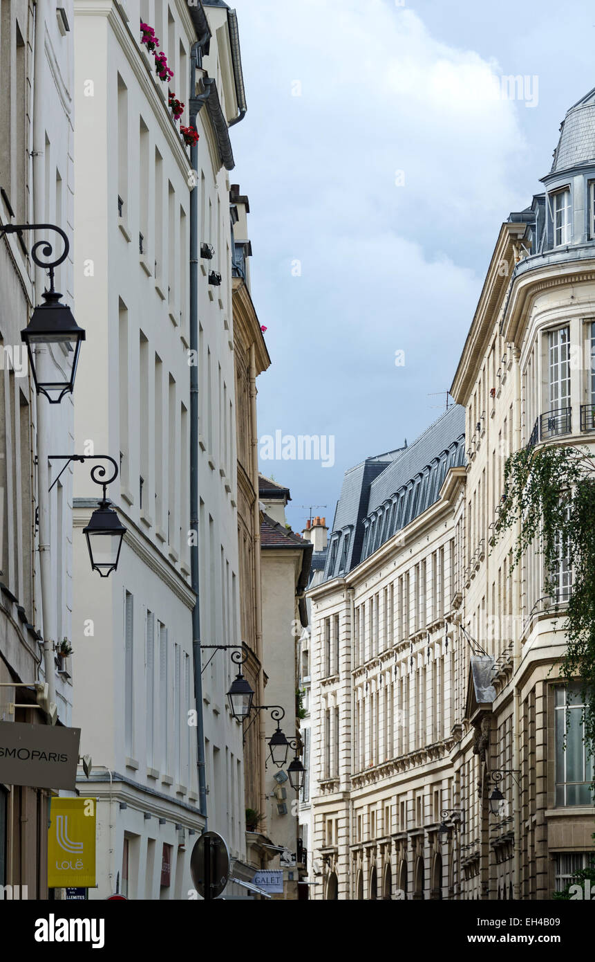 The Rue de Vielle du Temple in Paris curves away from the viewer Stock ...