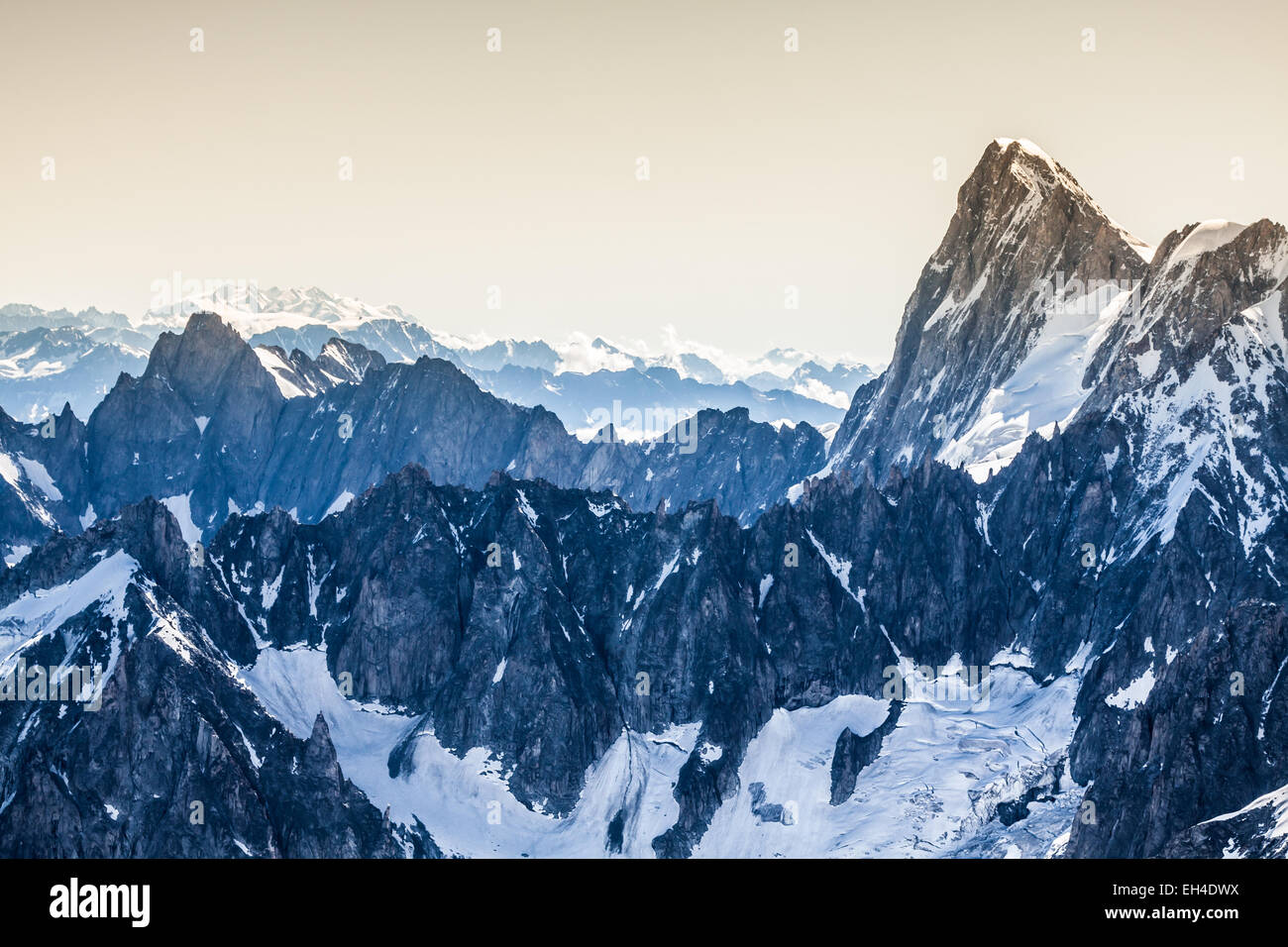 View of Mont Blanc mountain range from Aiguille Du Midi in Chamonix - landscape orientation ...