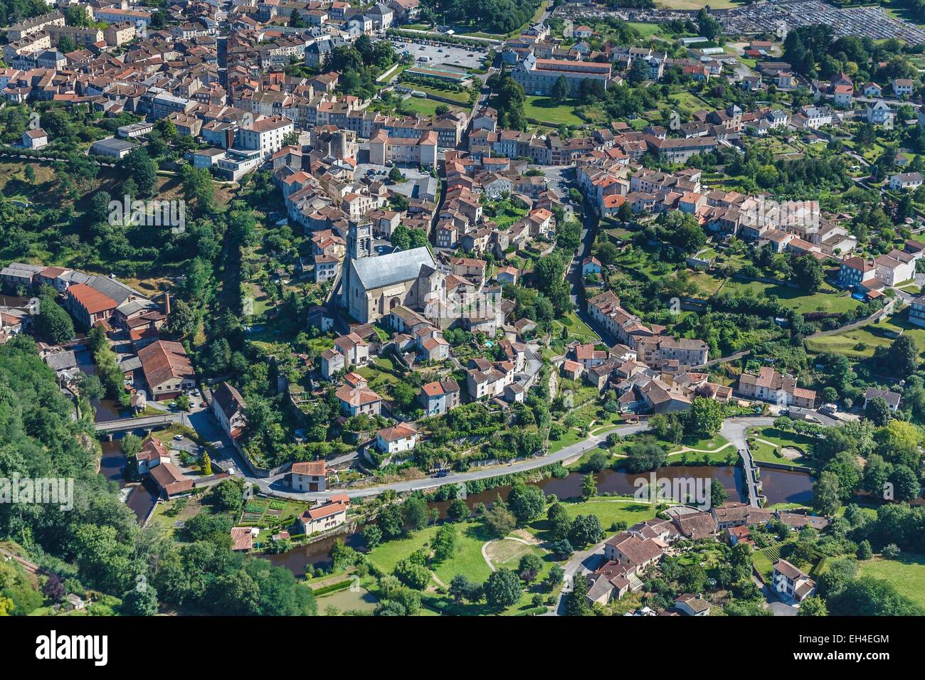 France, Haute Vienne, Bellac, the town on le Vincou river (aerial Stock ...