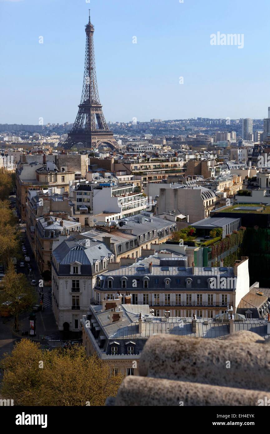 France, Paris, the Eiffel Tower, the avenues of Kleber and Jena from the Arc de Triomphe Stock ...